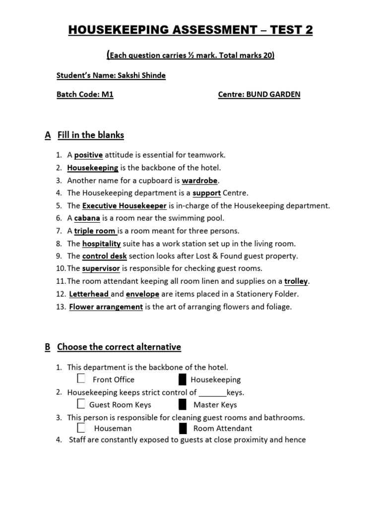 Sakshi Shinde Housekeeping Assessment Test | PDF | Housekeeping | Hotel