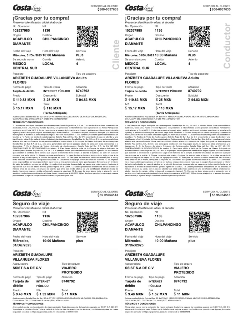 Boleto de Autobús y Seguro de Viaje | PDF | Pasajero