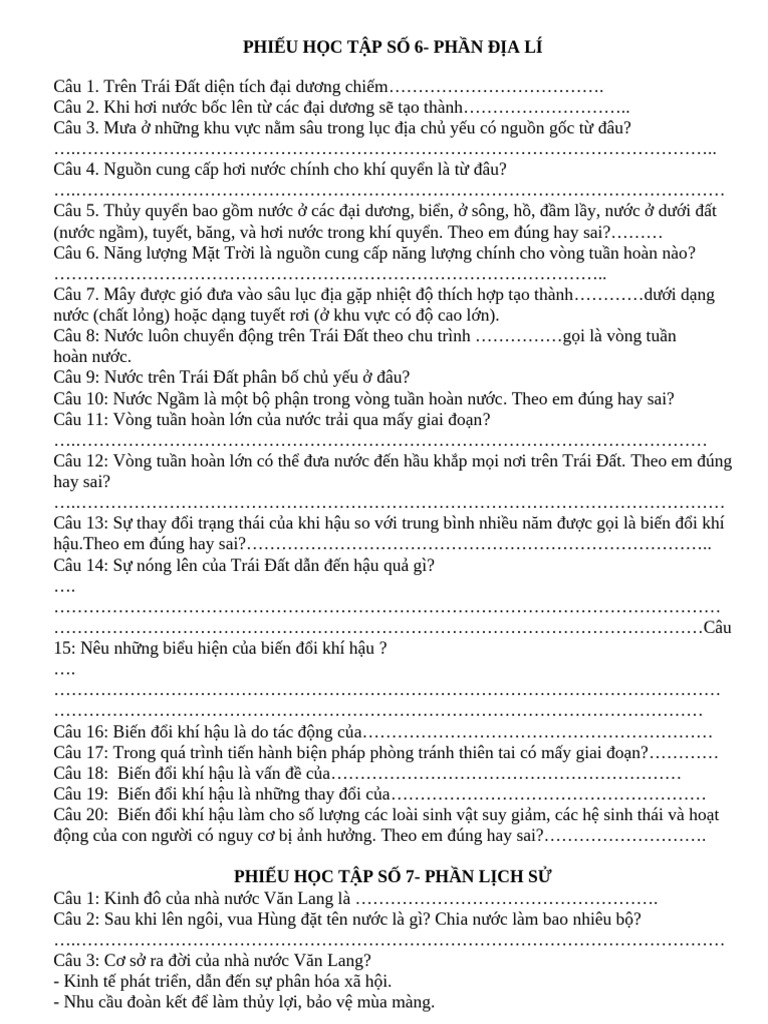 Phieu Hoc Tap So 6-7-8 - LSDL 6 | PDF