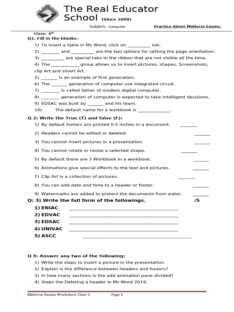 6th Grade Computer Midterm Practice Sheet | PDF | Microsoft Word ...