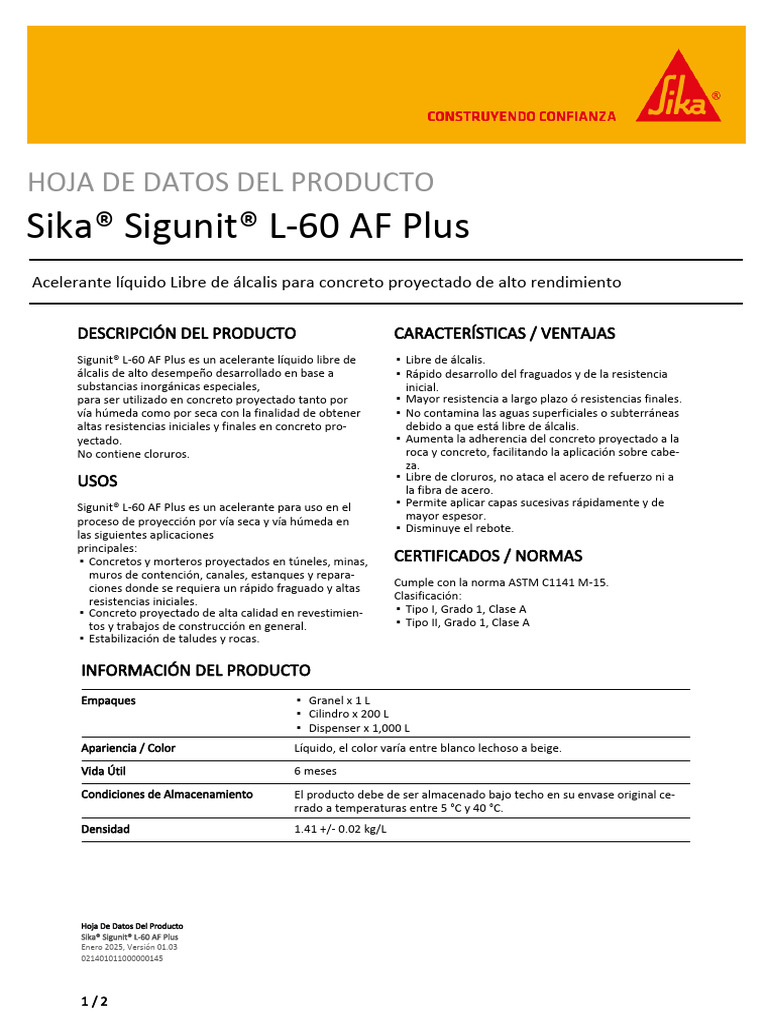 Sika Sigunit L-60afplus | PDF | Hormigón | Materiales