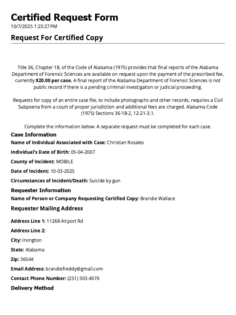 Certified Copy Request Form Alabama | PDF