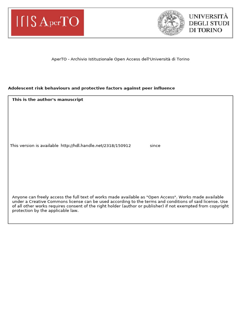 Adolescent Risk Behaviors and Protection Factors | PDF | Open Access ...