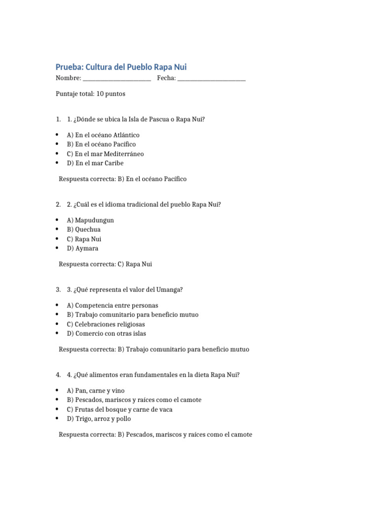 Prueba Cultura Rapa Nui | PDF