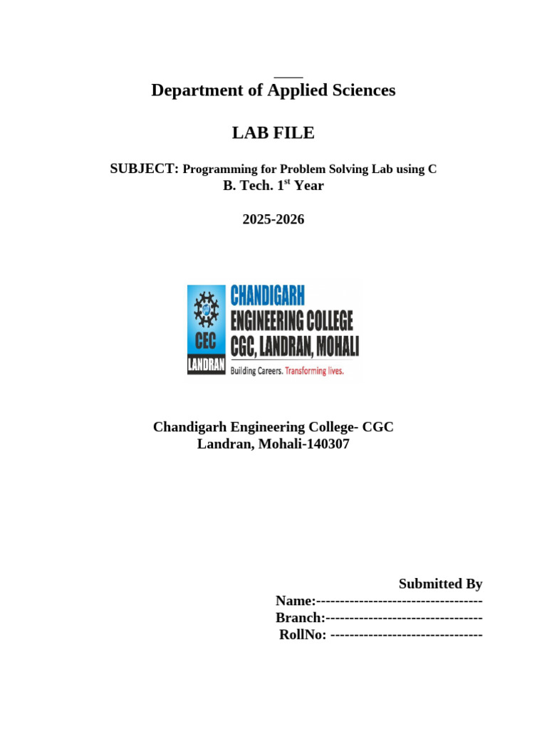 C Programming Lab Exercises for B.Tech | PDF