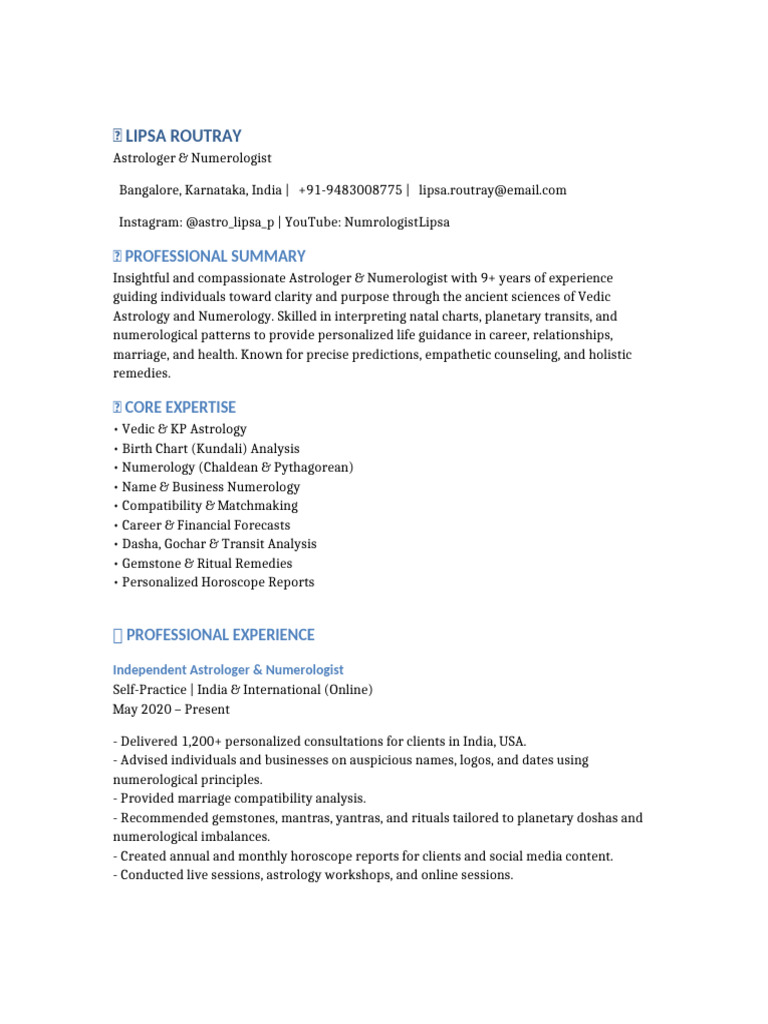 Lipsa Routray Astrology Numerology Resume | PDF | Horoscope | Hindu ...