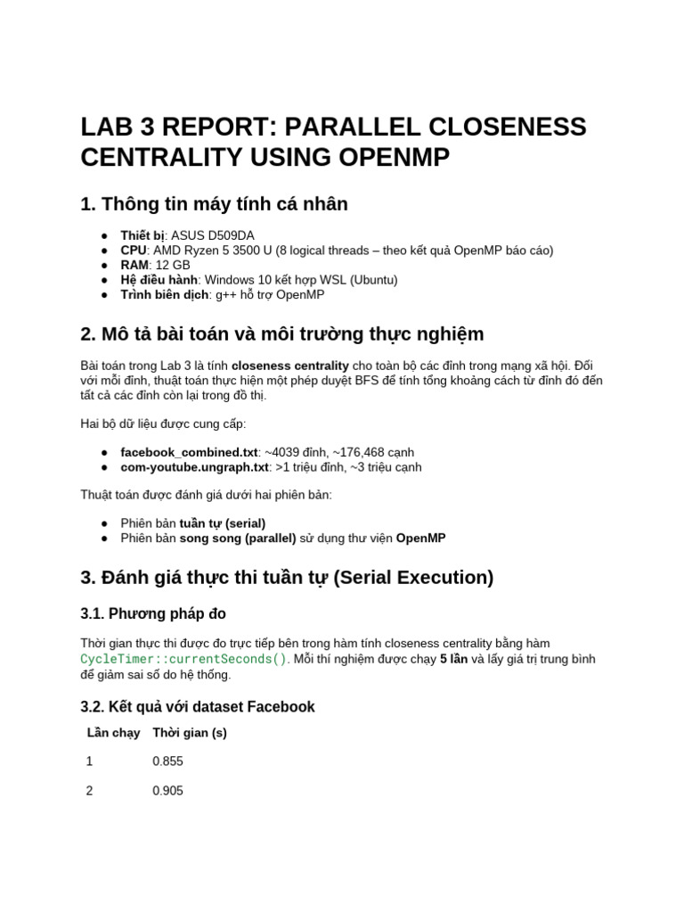 Lab 3 Report - Parallel Closeness Centrality Using Openmp | PDF