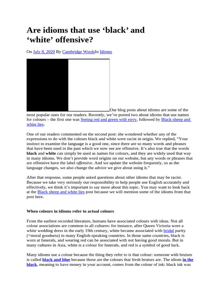 Black and White-Are Idioms That Use ‘Black’ and ‘White’ Offensive | PDF ...