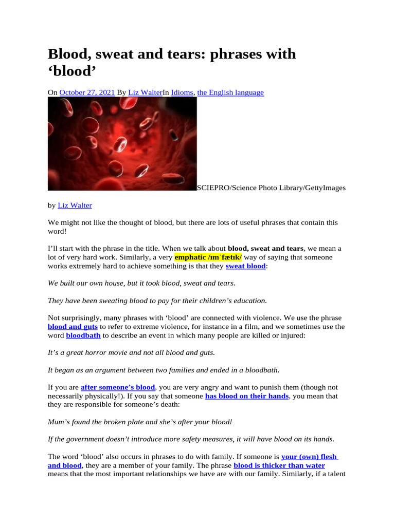 Phrases with "Blood" in English Idioms | PDF