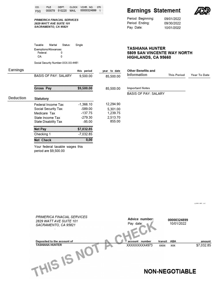 Earnings Statement for Tashiana Hunter | PDF | Social Security (United ...