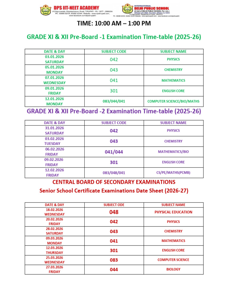 Cbse - Examination -Date Sheet | PDF