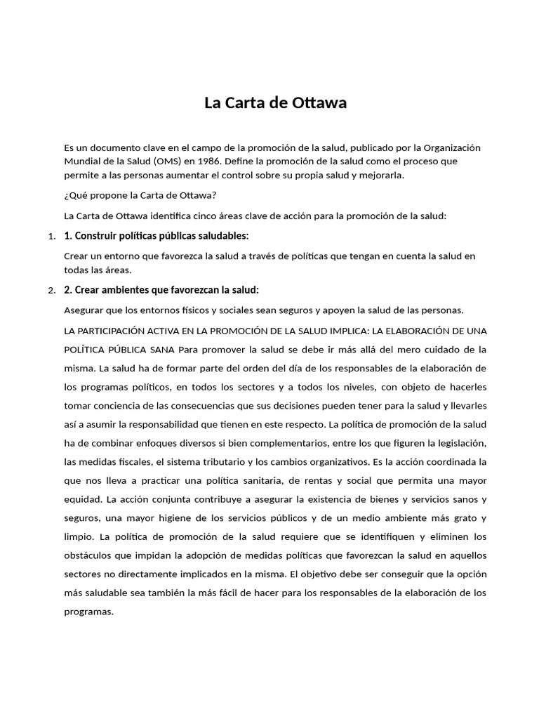 Principios de la Carta de Ottawa en Salud | PDF | Promoción de la salud