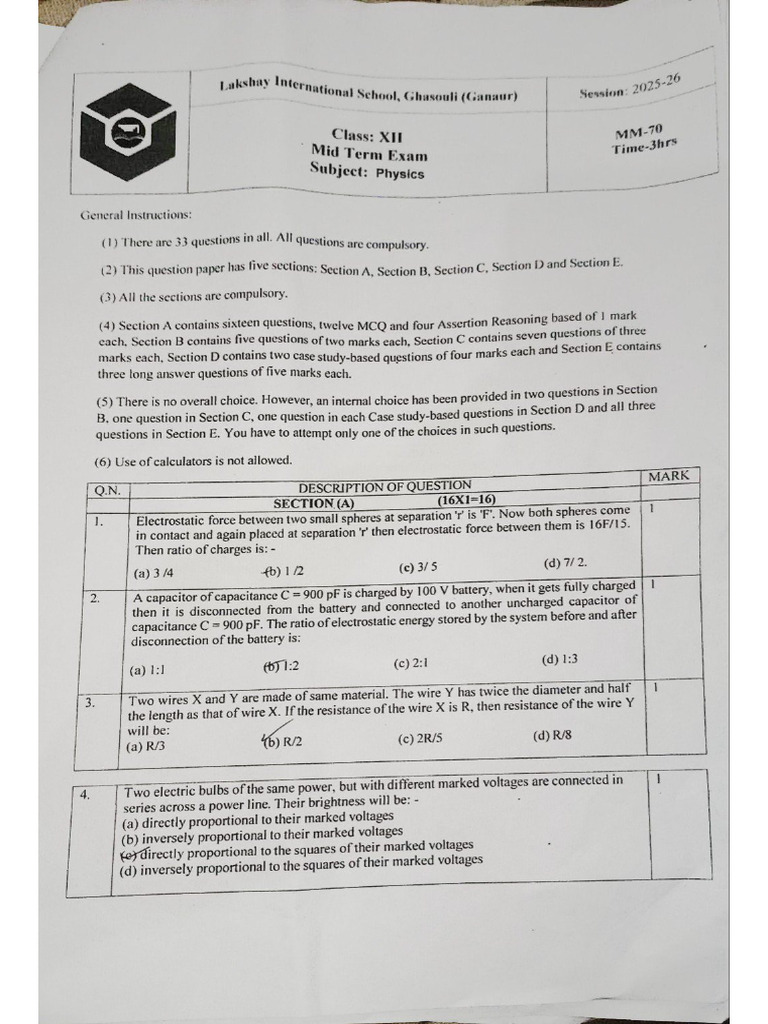 Physics Class 12th Question Paper | PDF