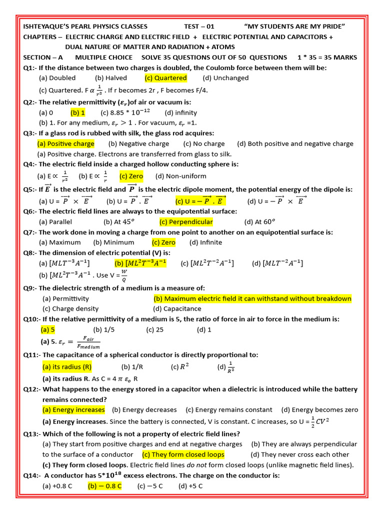 Physics Test: Electric Charge & Atoms | PDF | Electric Field ...