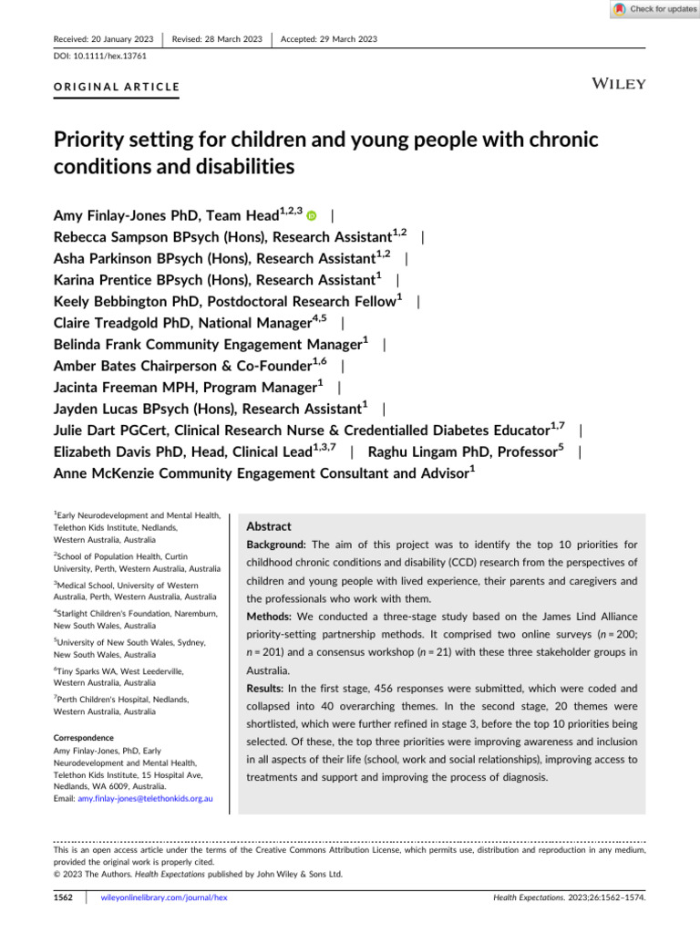 Health Expectations - 2023 - Finlay‐Jones - Priority Setting for ...