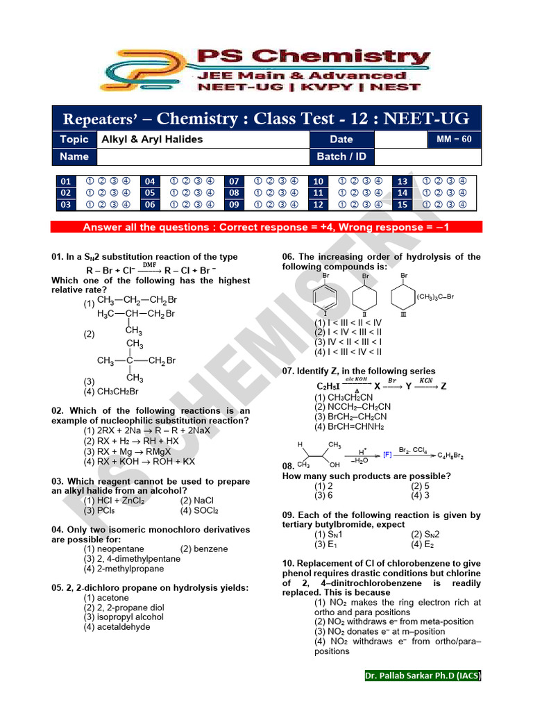 23.1 Alkyl & Aryl Halides CT-12 M | PDF | Physical Chemistry | Chemistry