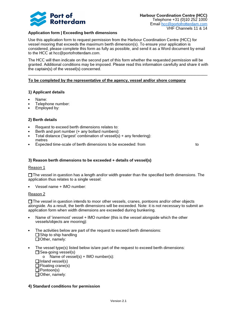 Application for Exceeding Berth Dimensions | PDF | Water Transport ...
