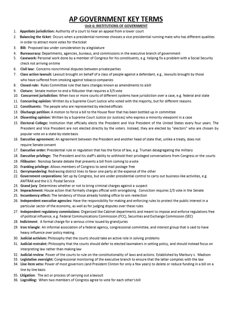 AP Government Key Terms: Institutions | PDF | United States Congress ...