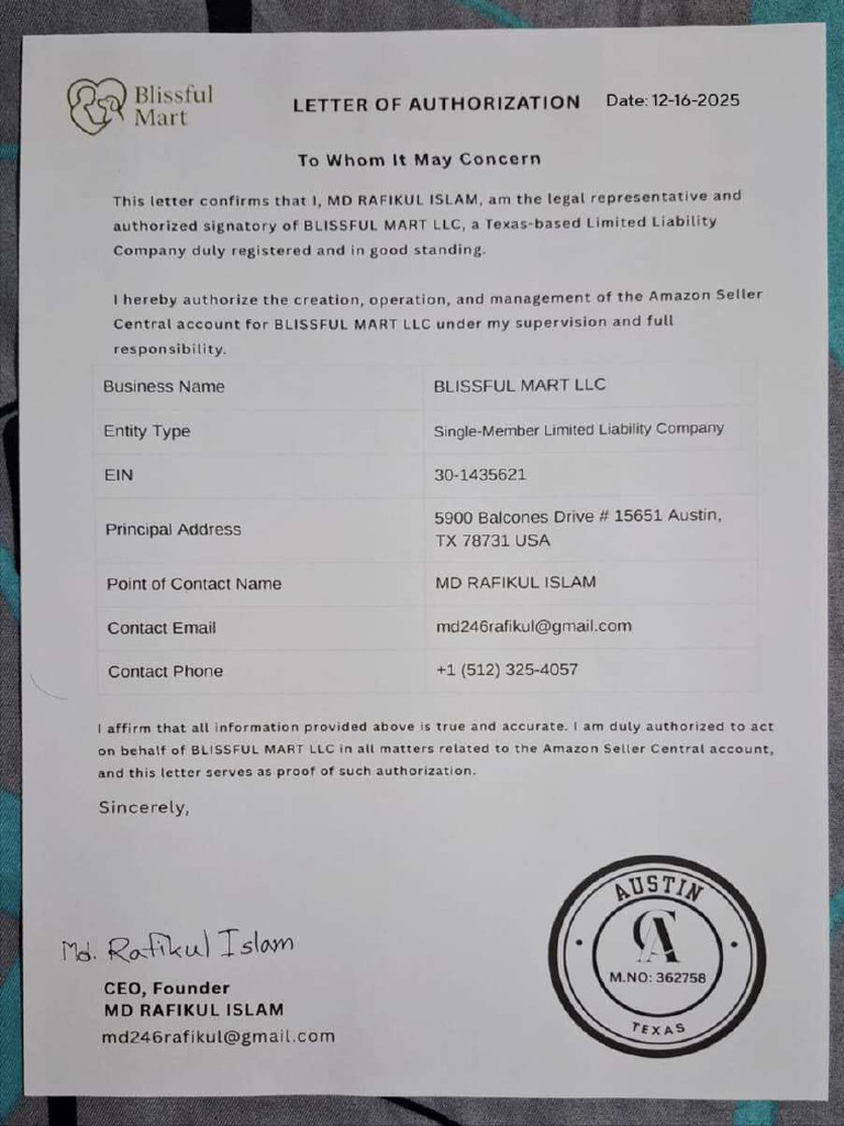 Letter of Authorization Blissful Mart Llc | PDF