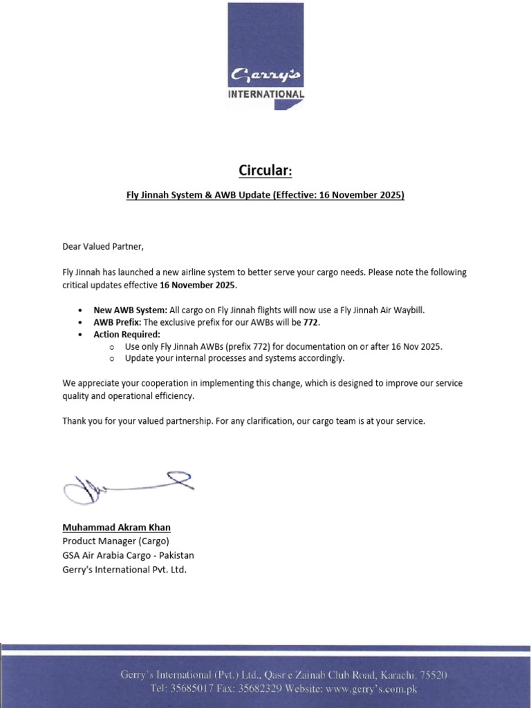 Circular - Fly Jinnah System and AWB Update - Effective 16 November ...