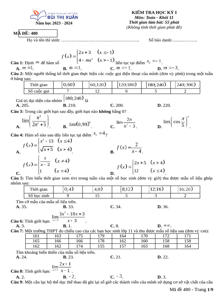 De Hoc Ky 1 Toan 11 Nam 2023 2024 Truong Thpt Bui Thi Xuan Tp Hcm | PDF