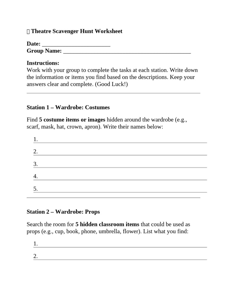 ? Theatre Scavenger Hunt Worksheet | PDF