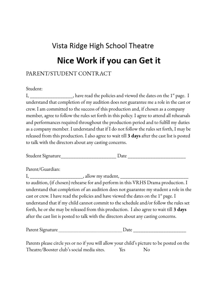 VRHS Theatre Parent-Student Contract | PDF