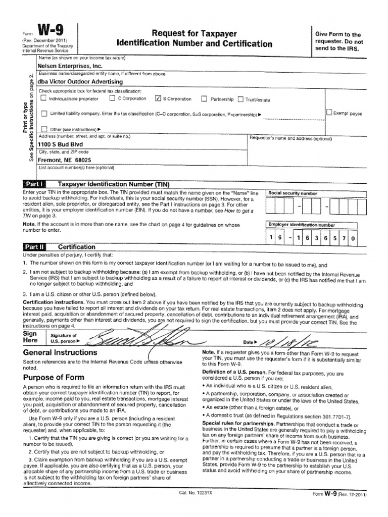 W-9 for Nelsen Enterprises | PDF