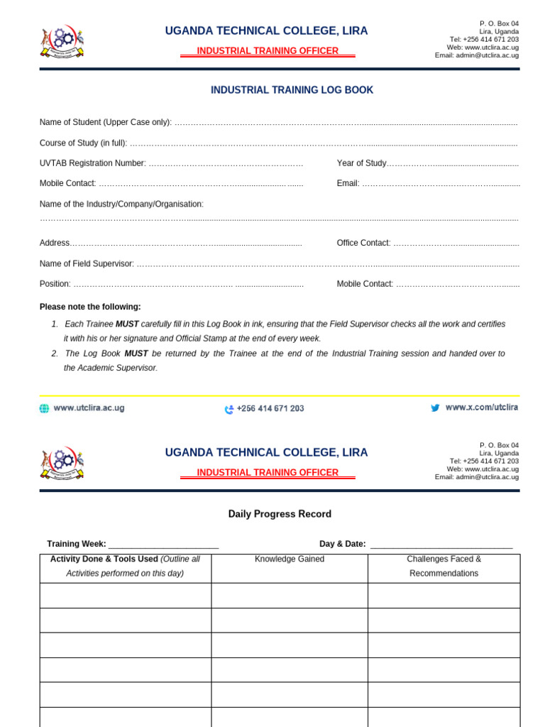 UTCLira_Industrial Training Log Book_Template | PDF
