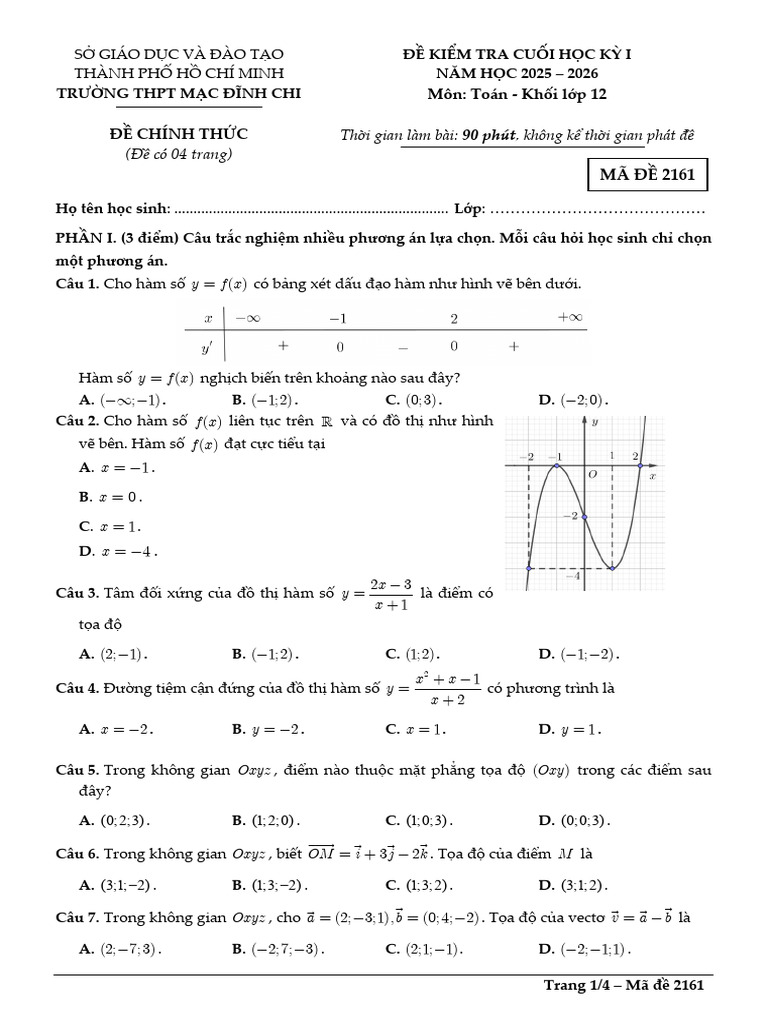 De Cuoi Hoc Ky 1 Toan 12 Nam 2025 2026 Truong Thpt Mac Dinh Chi Tp Hcm ...
