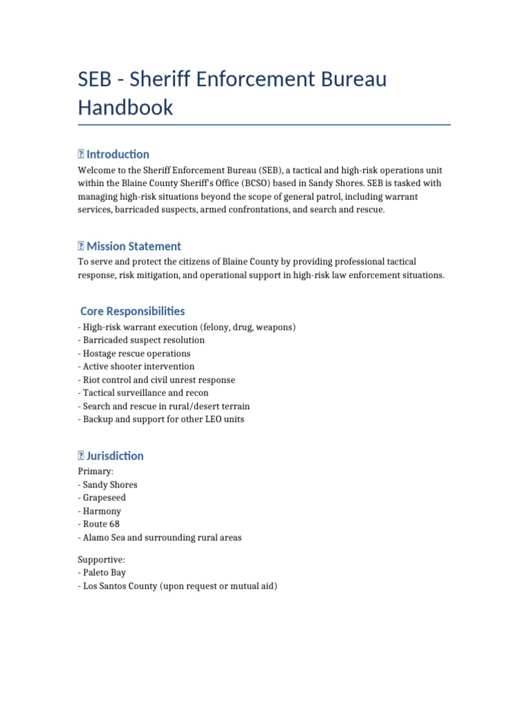 SEB Sheriff Enforcement Bureau Handbook | PDF | Sergeant | Law Enforcement