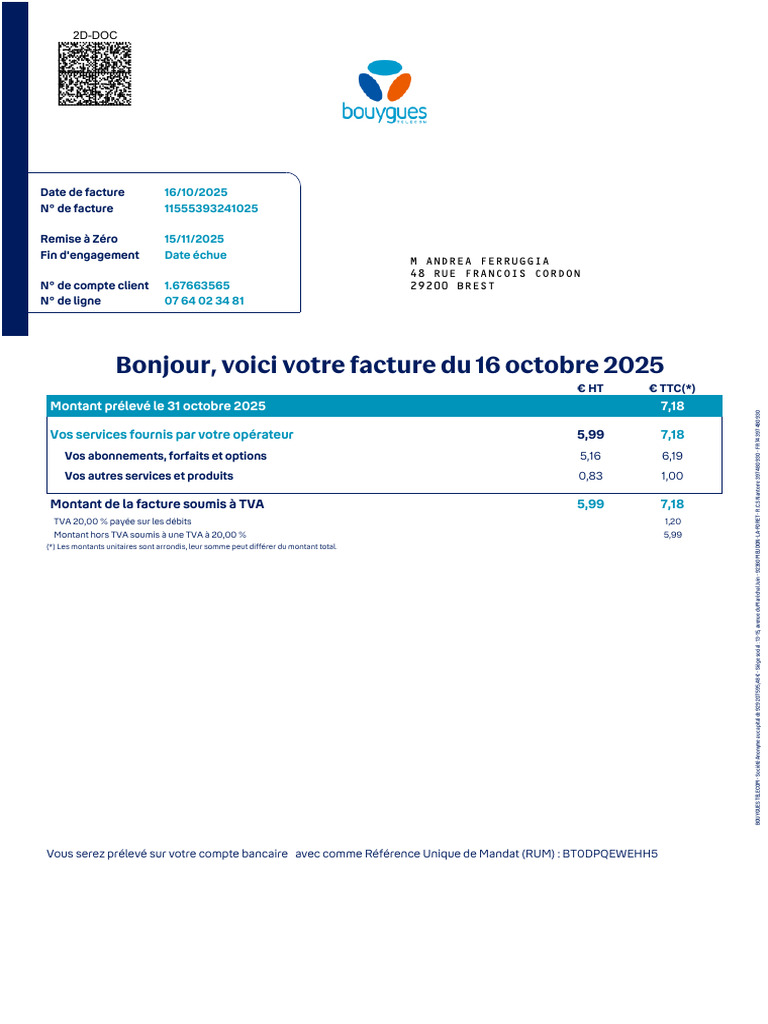 Facture Bouygues Telecom - Octobre 2025 | PDF | Secteurs du service ...