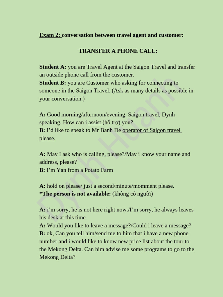 Travel Agent Call Transfer Roleplay | PDF
