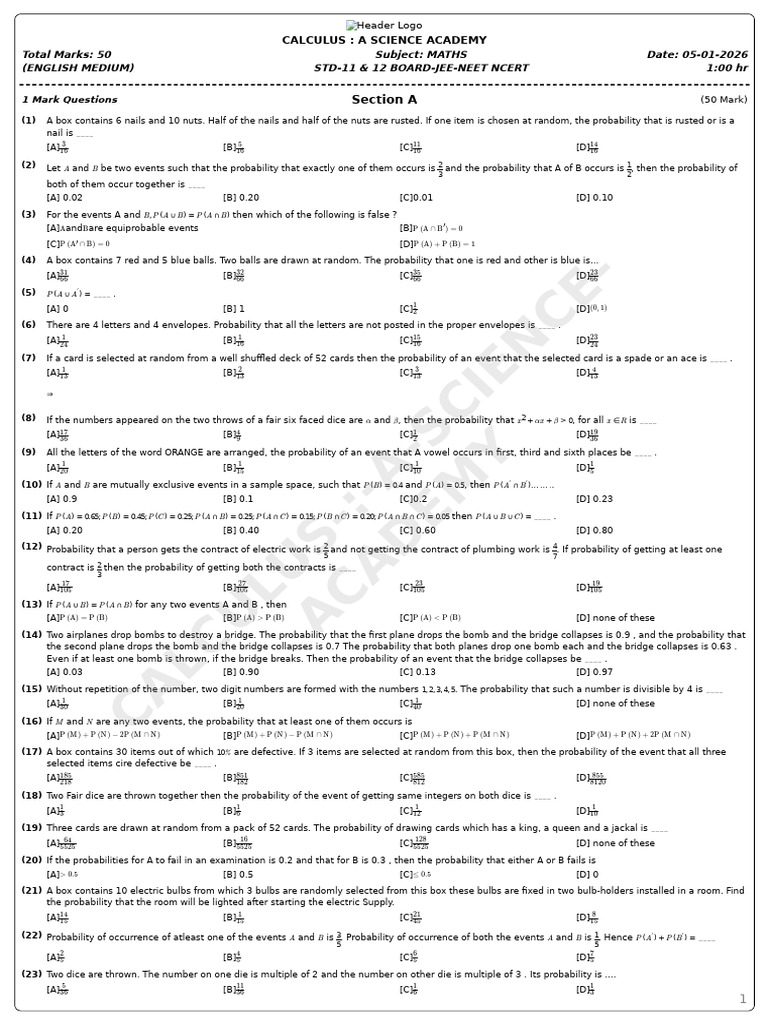 Std 11 Eng Med Maths Chap 14 MCQs VSQs Work Sheet 05.01.26 Solution | PDF | Measure Theory ...