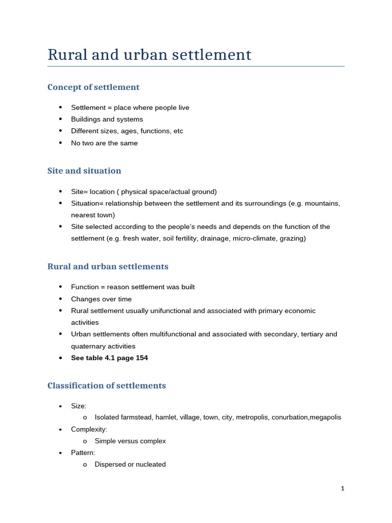 Rural and Urban Settlement Notes | PDF | City | Urbanization