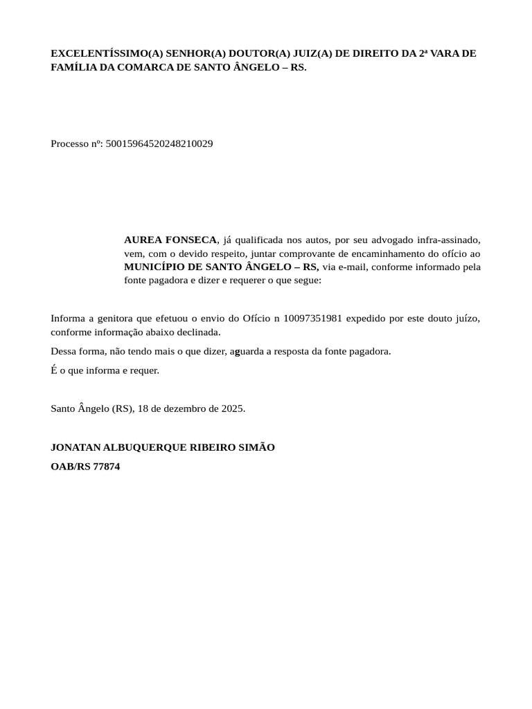 Juntada Comprovante Encaminhamento Ofício - Aurea x Cleber | PDF