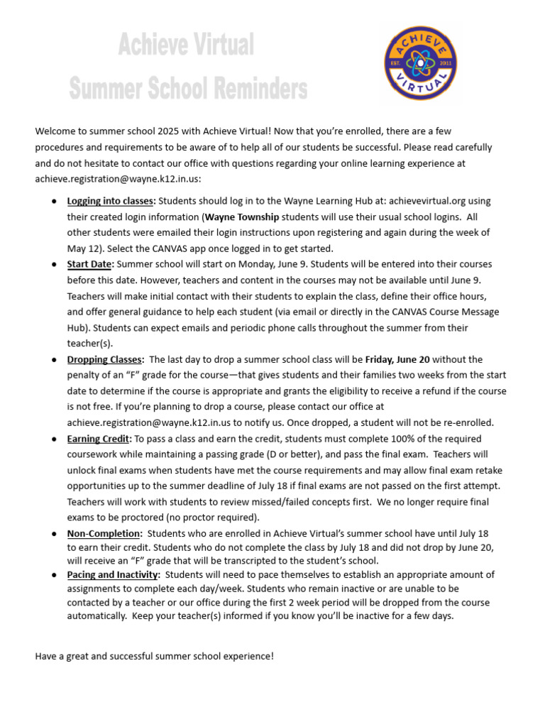 Summer School 2025 Guidelines for Students | PDF