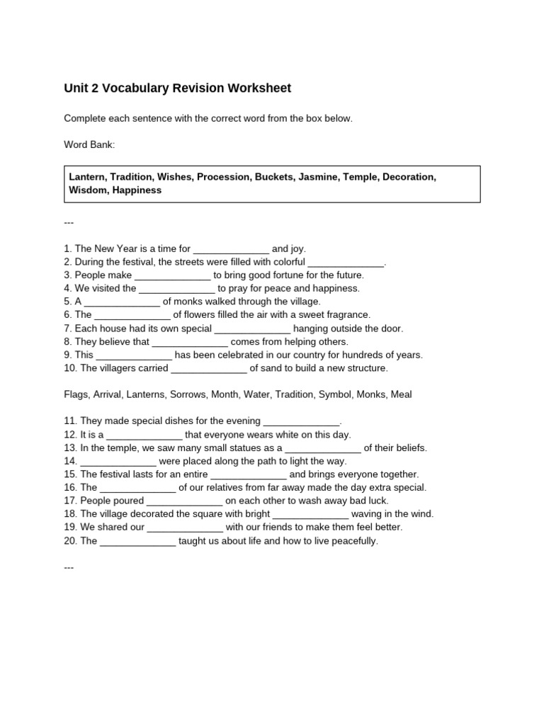 Revision Worksheet Unit 2 | PDF