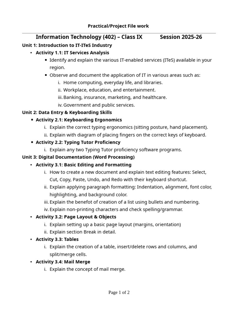 Class IX IT Practical Project Guide | PDF | Spreadsheet | Computing