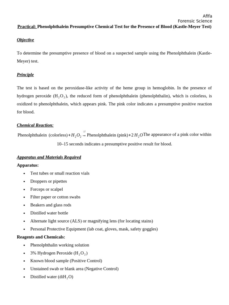 Kastle-Meyer Blood Test Procedure | PDF