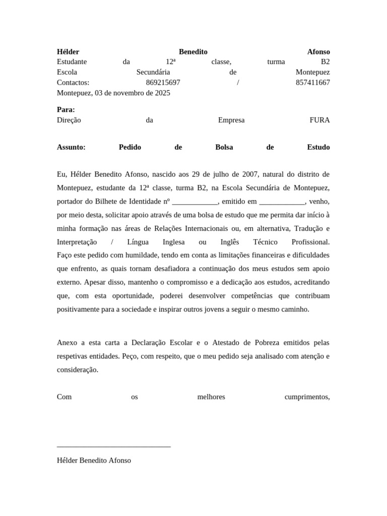 Carta Pedido Bolsa Helder Benedito Afonso Final Version | PDF