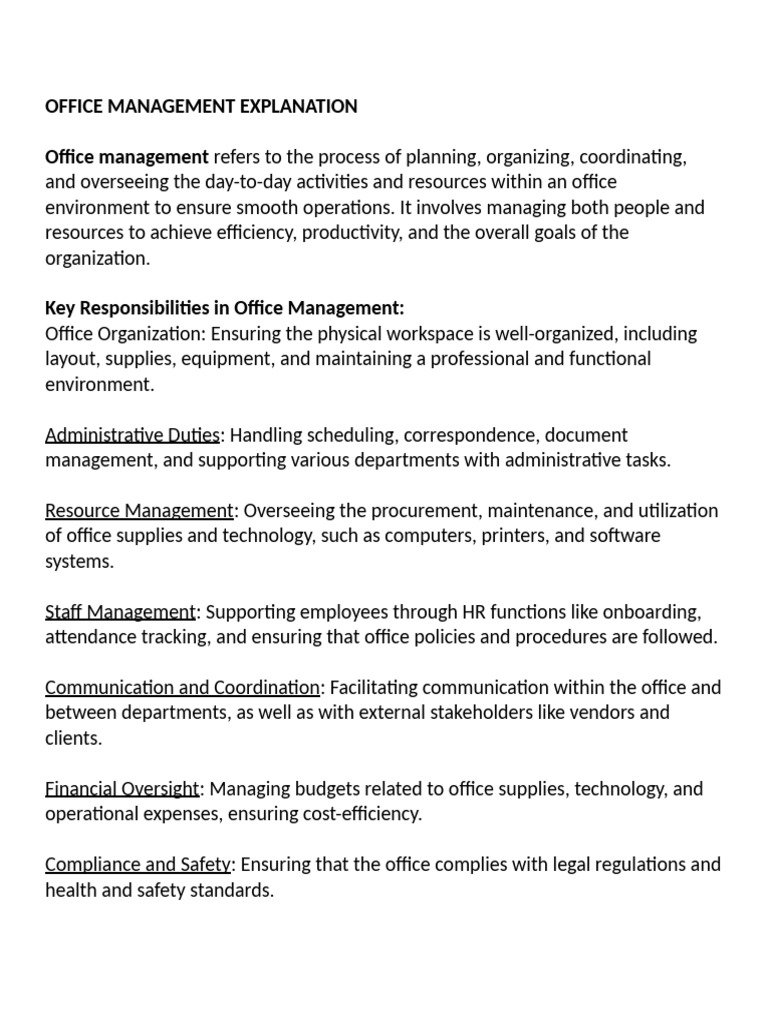 Office Management Explanation | PDF | Regulatory Compliance | Goal