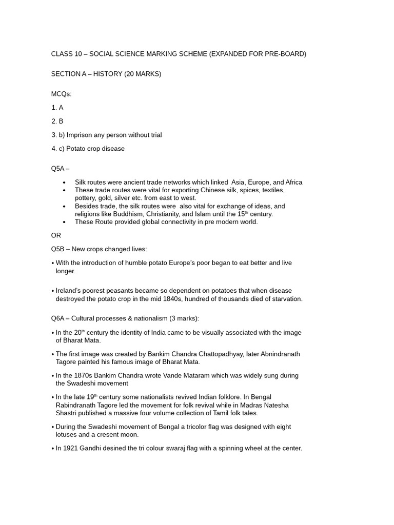 Class 10 Social Science Pre-Board Marking Scheme | PDF | Economies