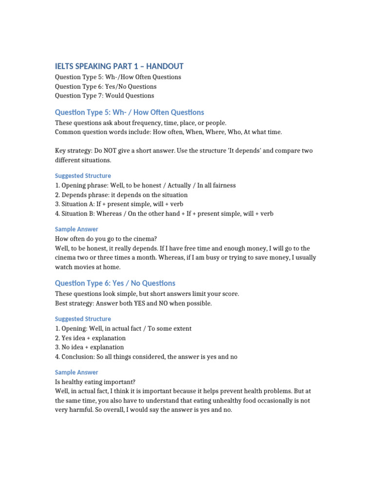 IELTS Speaking Part1 Question Types Handout | PDF