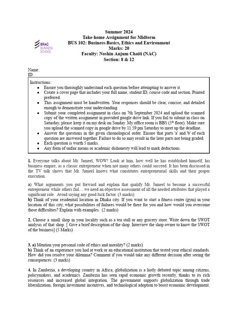 Summer 2024, BUS102 Take-home Assignment(NAC) | PDF | Globalization | Economic Growth