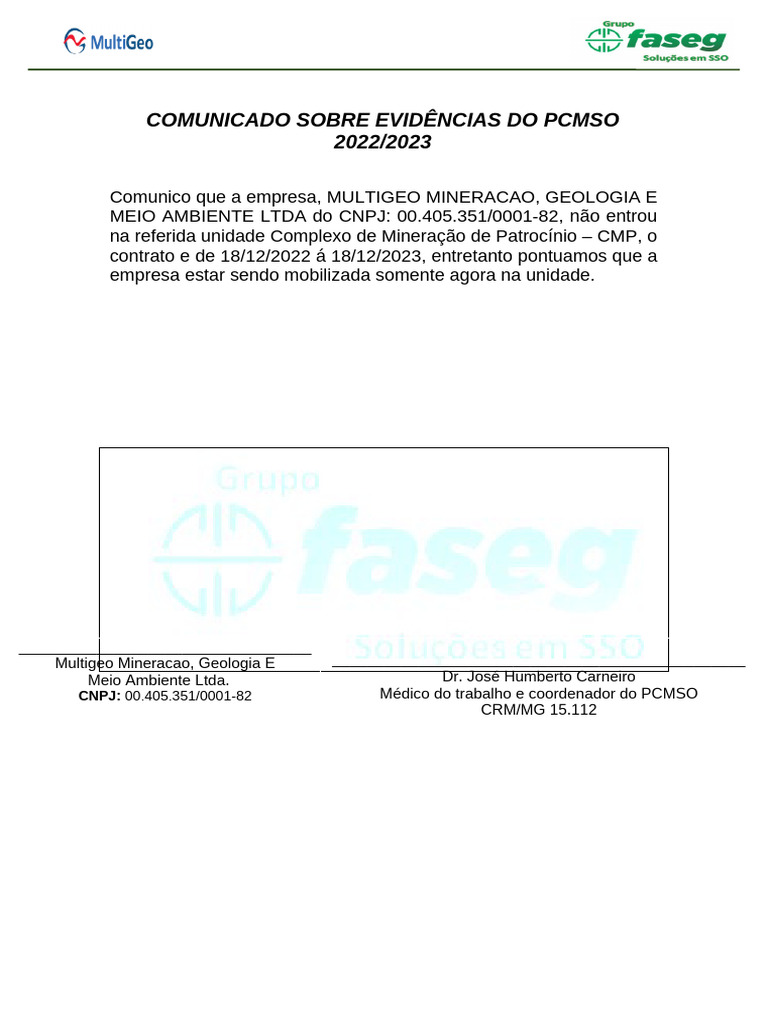 Comunicado Sobre Evidências Do Pcmso 2022 | PDF