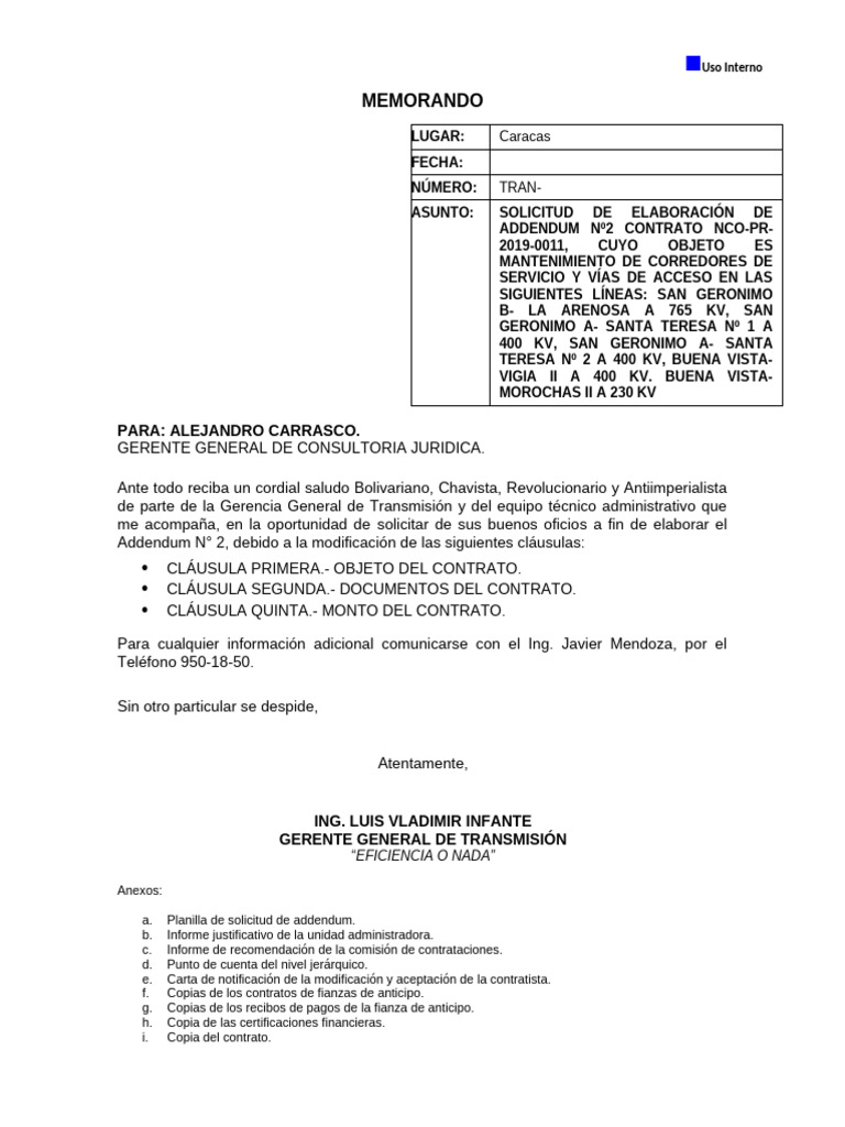 Tran - Solicitud de Elaboracion de Addendum Nº 2 Sormimar. 18.12.2019 | PDF