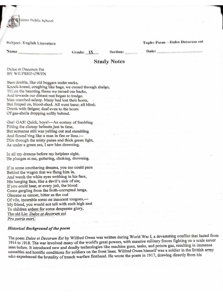 Dulce Et Decorum Est by Wilfred Owen (Notes) | PDF