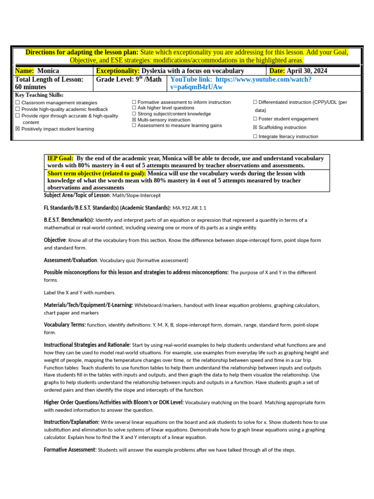 9th Grade Math Lesson Plan (2024) #2 | PDF | Educational Assessment ...