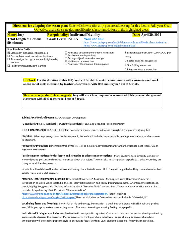 Lesson Plan for ELA Character Development | PDF | Educational ...